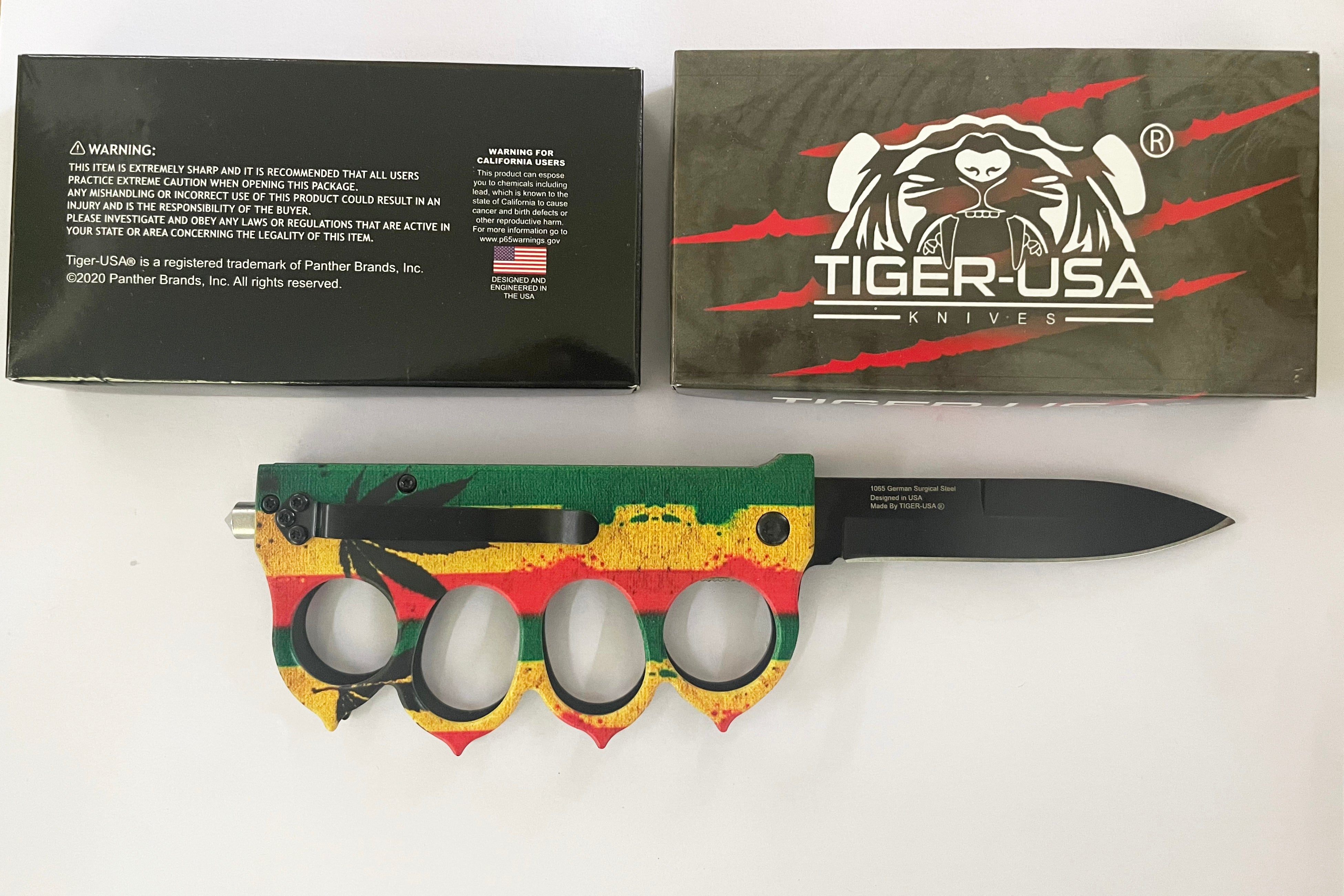 Tropical Leaves Knuckle Knife w clip - TIGER USA – Panther Wholesale